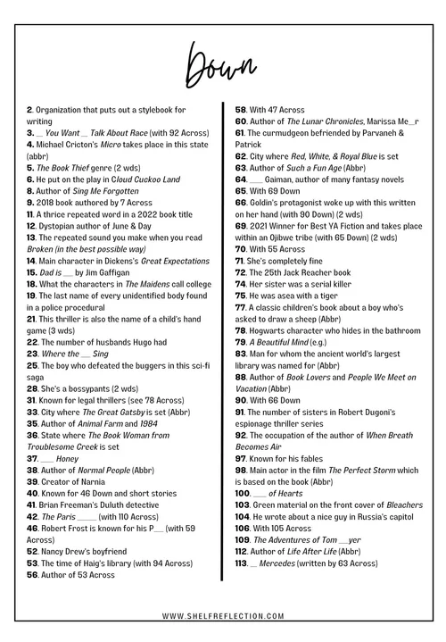 All About Books Crossword Puzzle by Shelf Reflection- Crossword Puzzle ...
