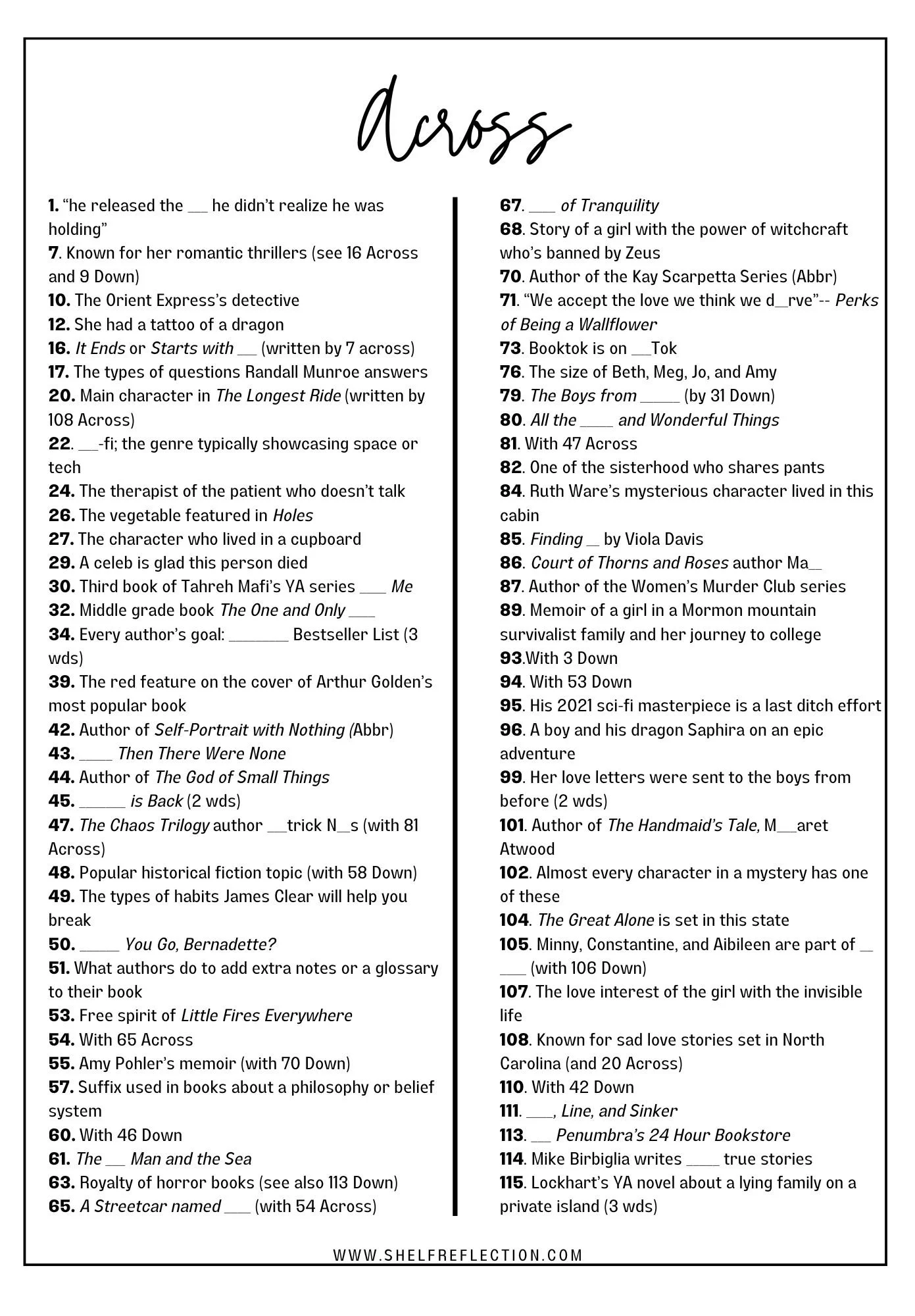 All About Books Crossword Puzzle by Shelf Reflection- Crossword Puzzle ...