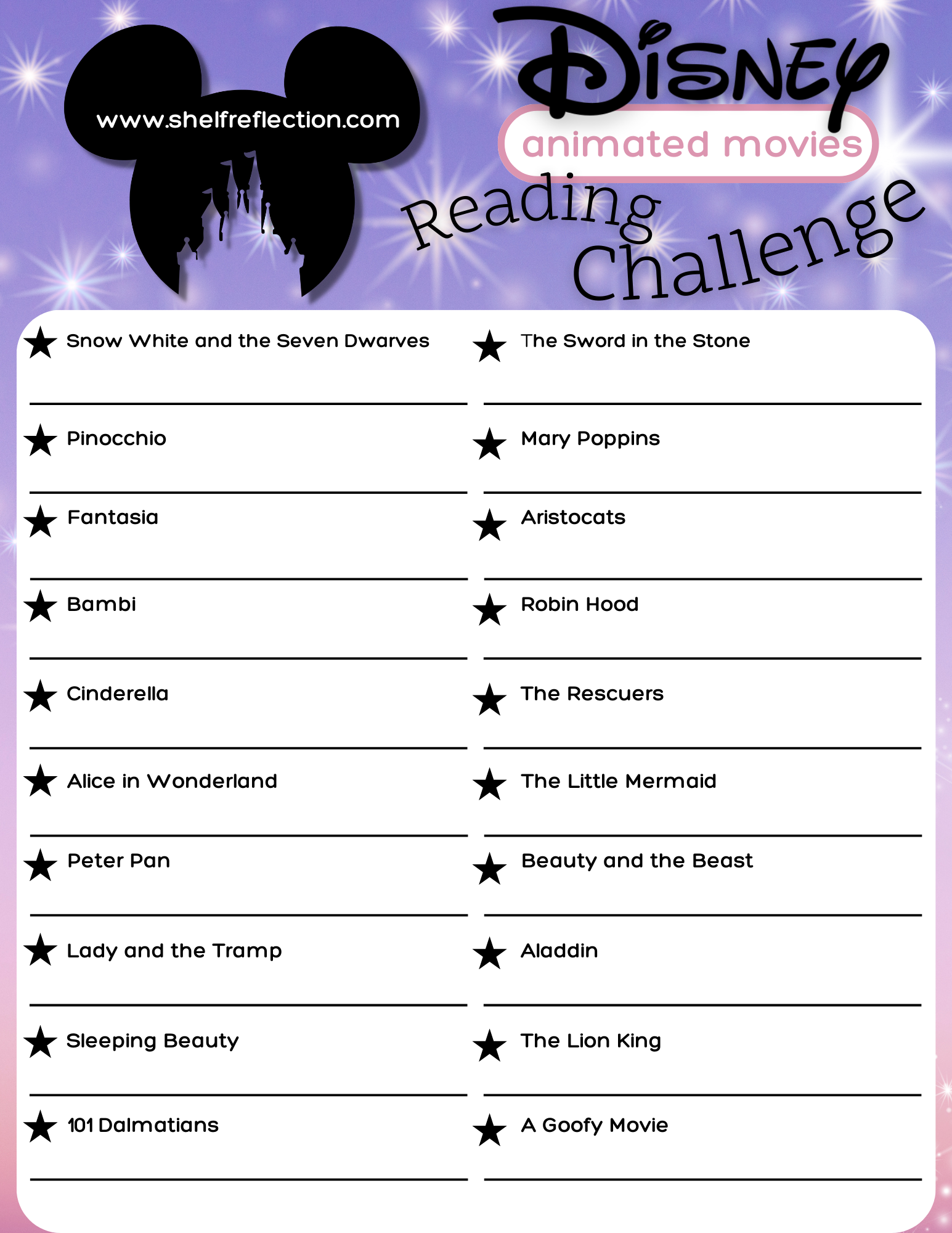 Disney Animated Movies Reading Challenge by Shelf Reflection — Shelf ...