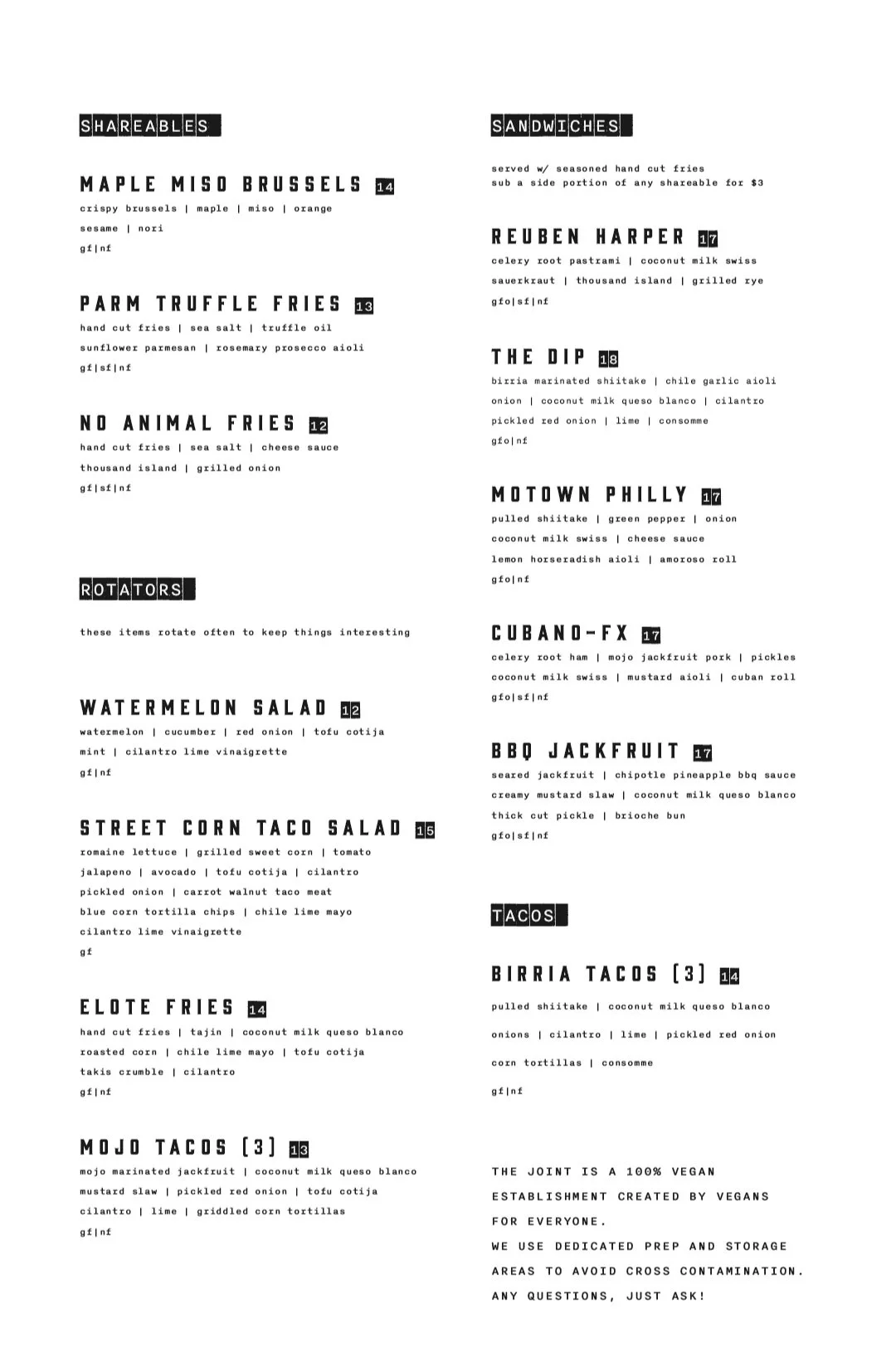 menu — The Joint