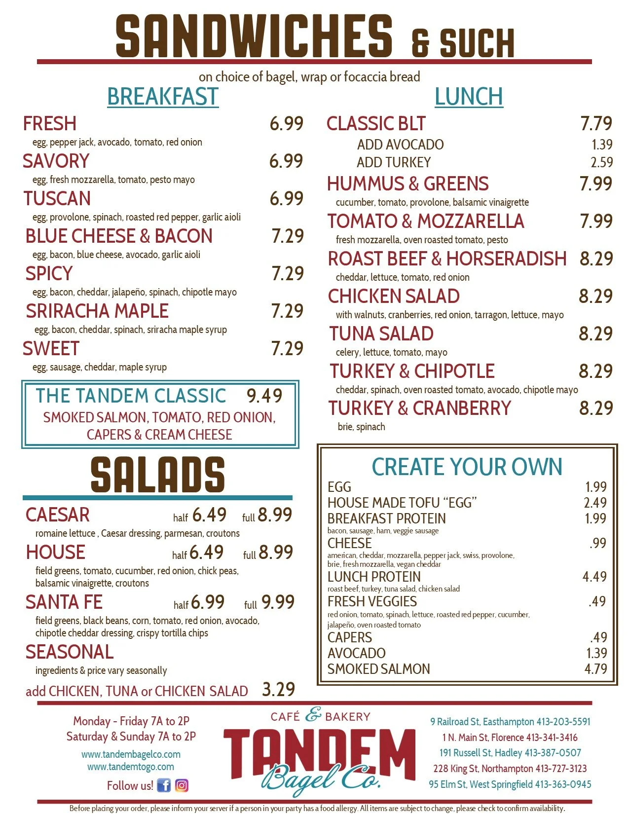Tandem Bagel Menu — Tandem Bagel Company