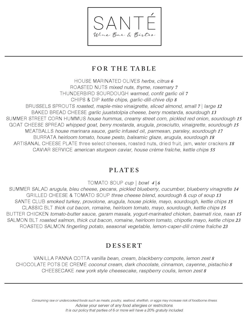 Menu — Santé Wine Bar & Bistro
