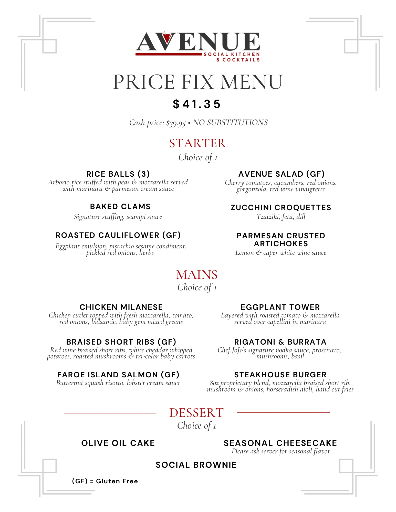 Price Fix Dinner Menu — Avenue Social Kitchen & Cocktails