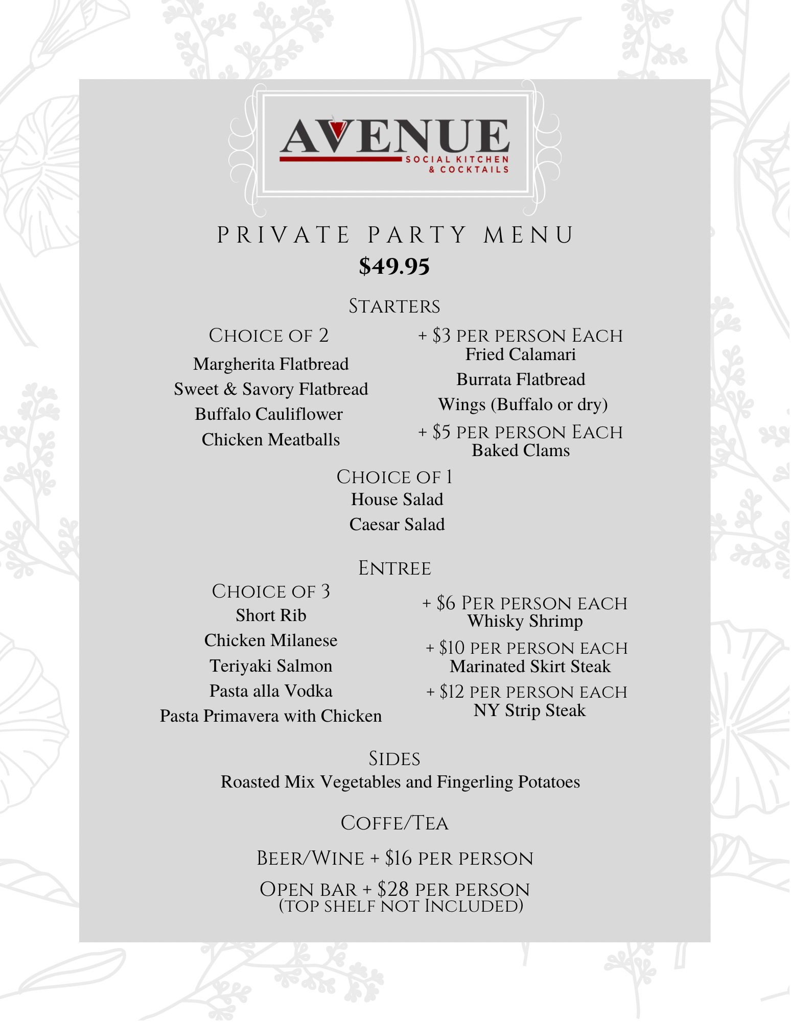 Private Party Menu — Avenue Social Kitchen & Cocktails