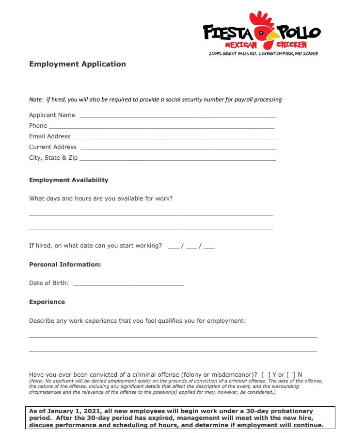 Restaurant Job Application