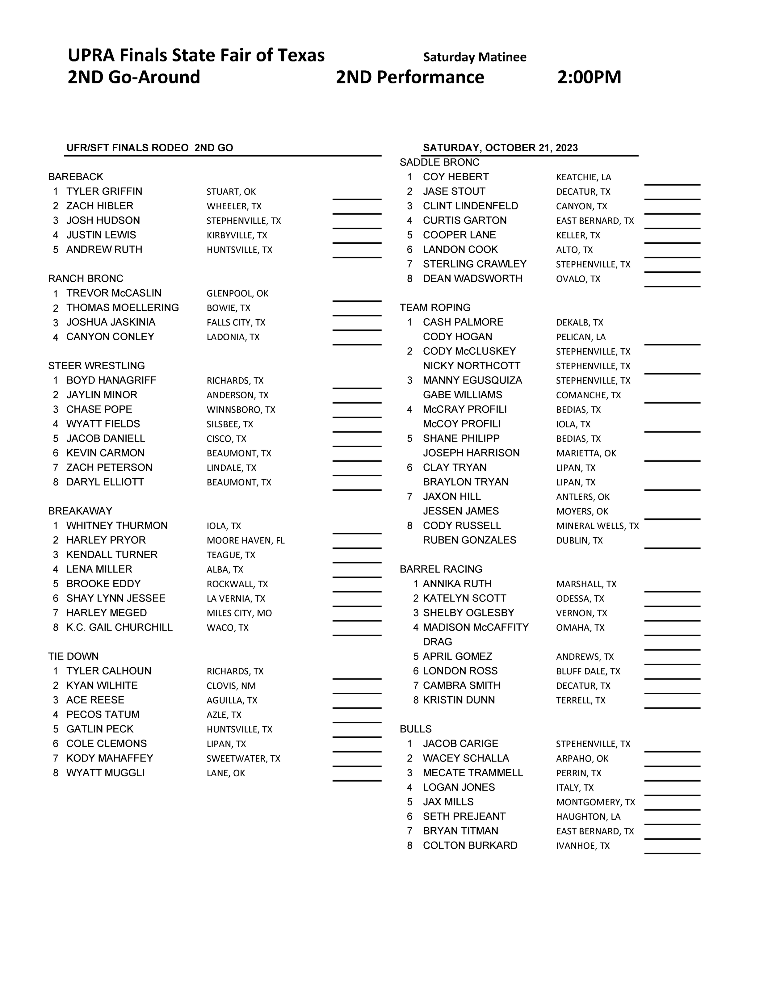 Finals Daysheets — UPRA