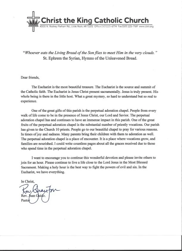 Fr. Juan’s Letter About Adoration — Christ the King Church