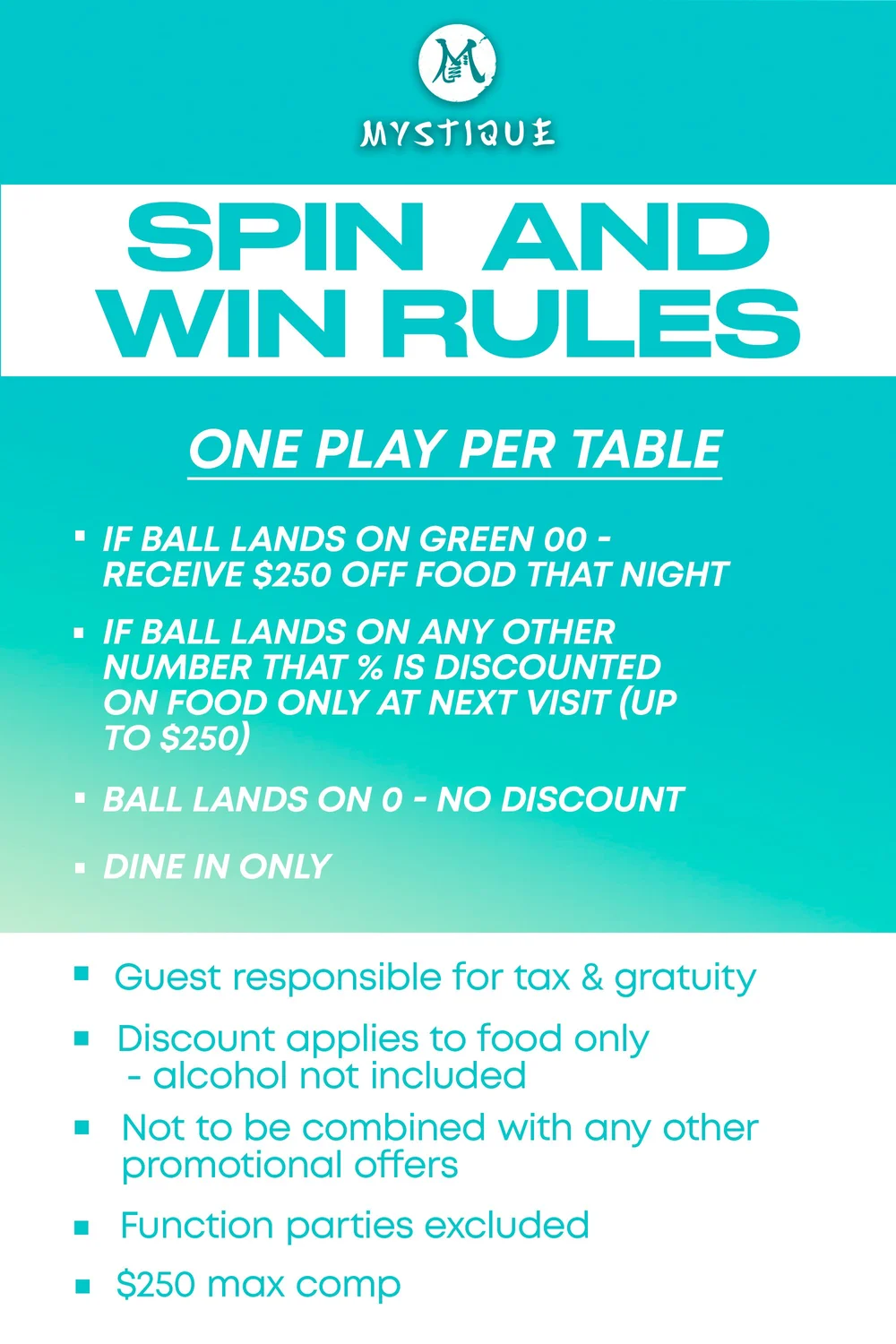 SPIN TO WIN FREE DINNER — Mystique Boston