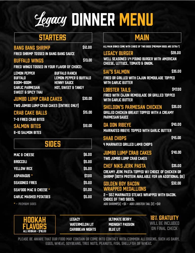 Menu — Legacy Restaurant & Lounge