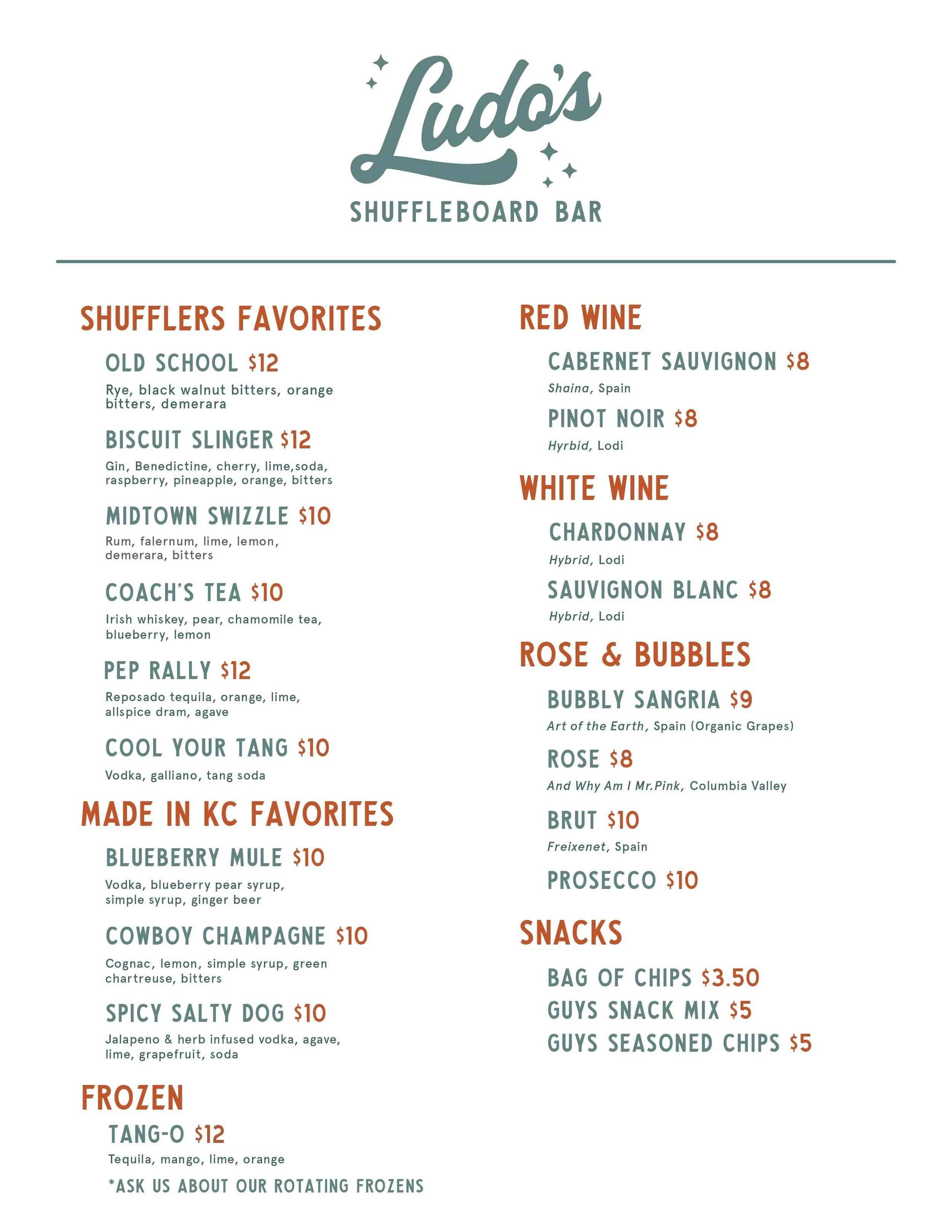 Menu — Ludo's Shuffleboard Bar