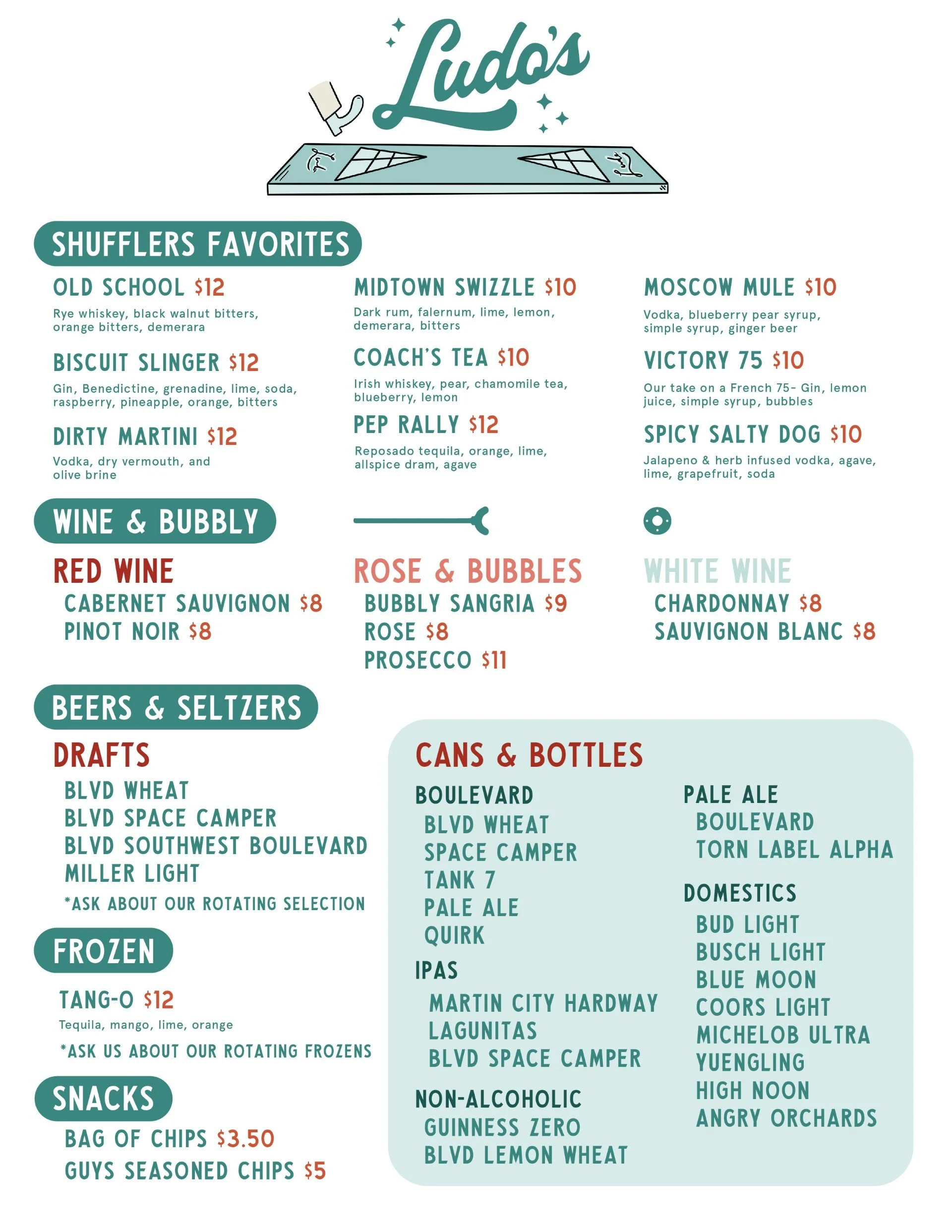 Menu — Ludo's Shuffleboard Bar