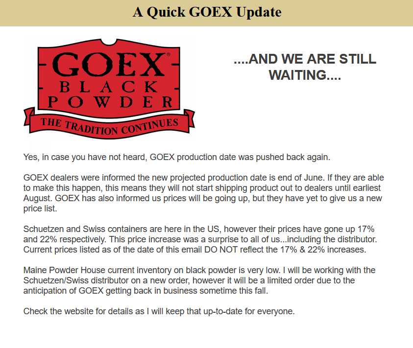 GOEX Production Delayed, Swiss and Schuetzen see Price Increase ...