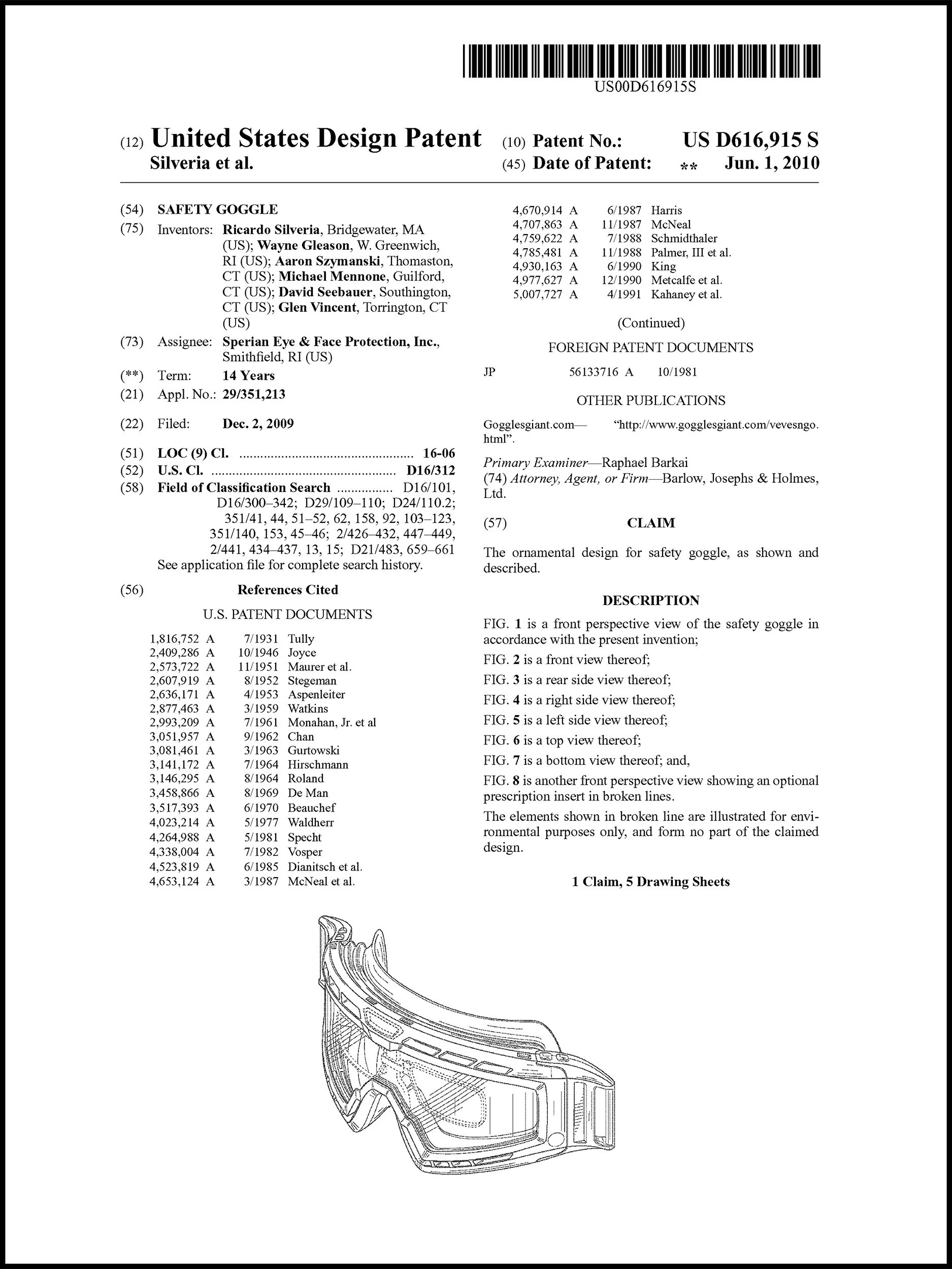 PATENTS — WAYNE J GLEASON INDUSTRIAL DESIGNER