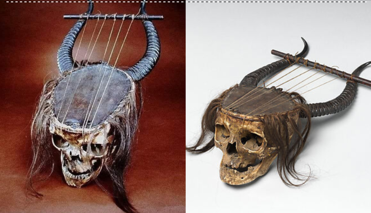 A Central African Lyre Made from a Human Skull and Antelope Horns