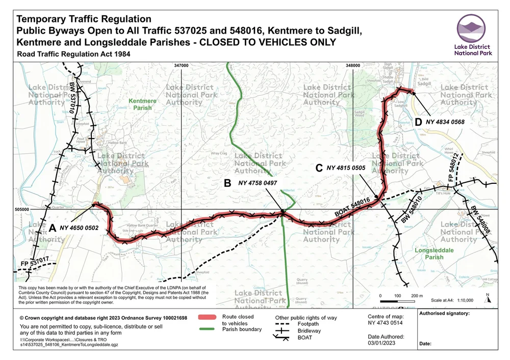 Sadgill Temporary Traffic Regulation Order – Cumbria TRF