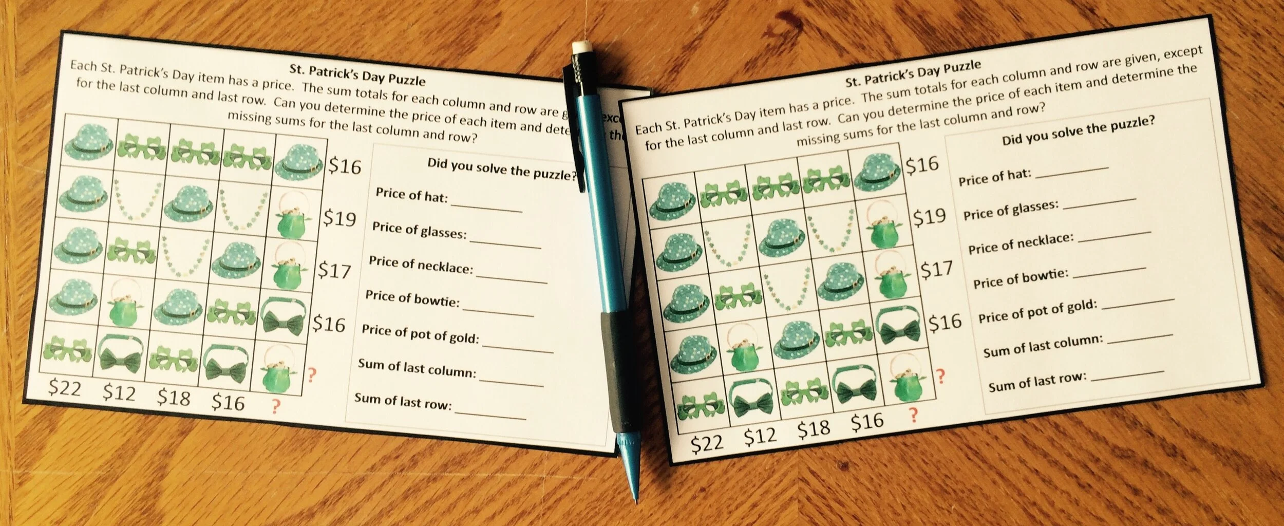 St. Patrick’s Day Math Logic Puzzle — Games 4 Gains