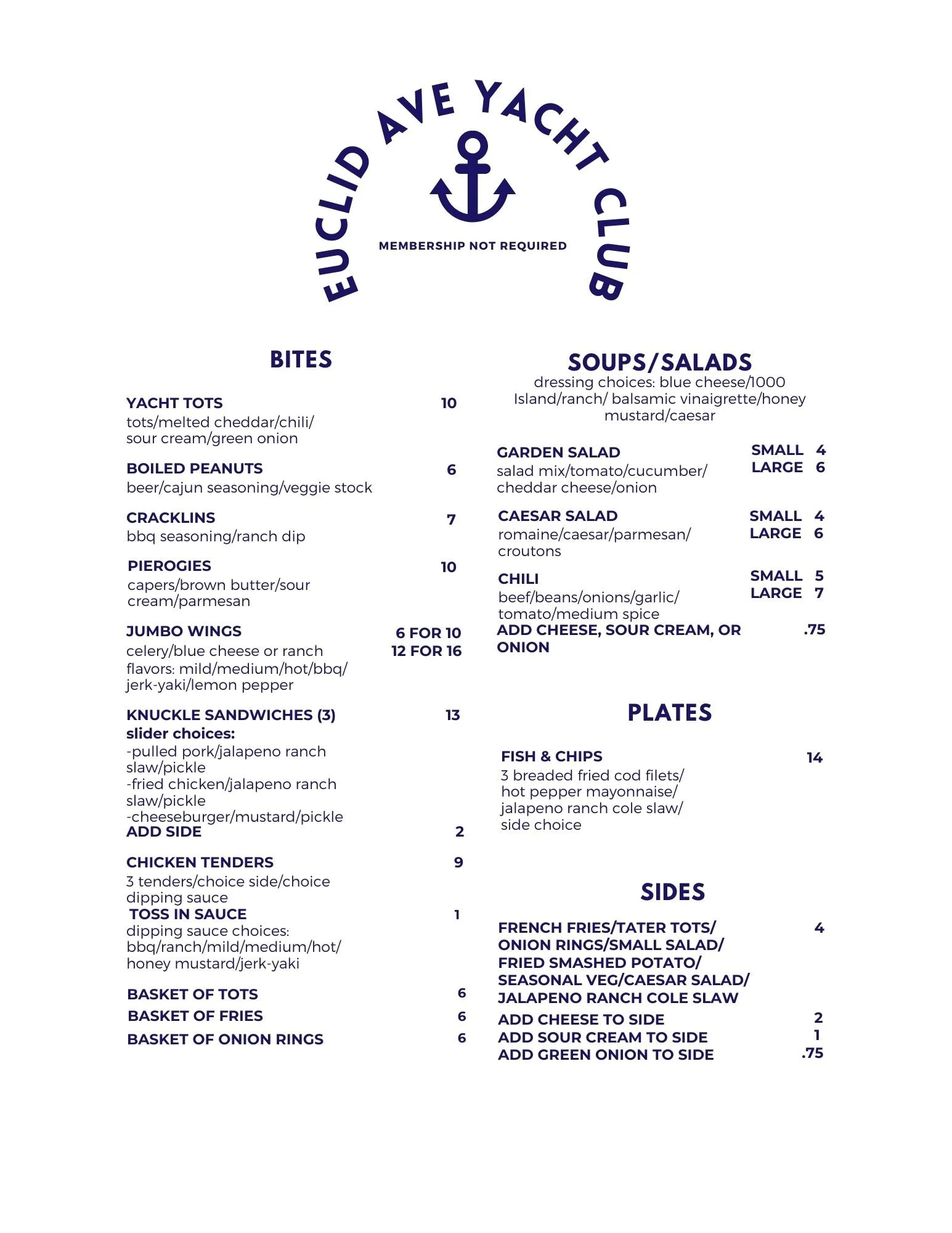 Menu 1 — Euclid Avenue Yacht Club