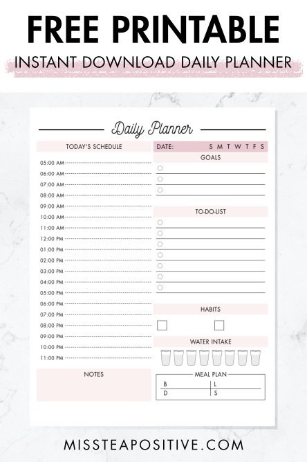 FREE Daily Planner Printable PDF — Miss Tea Positive