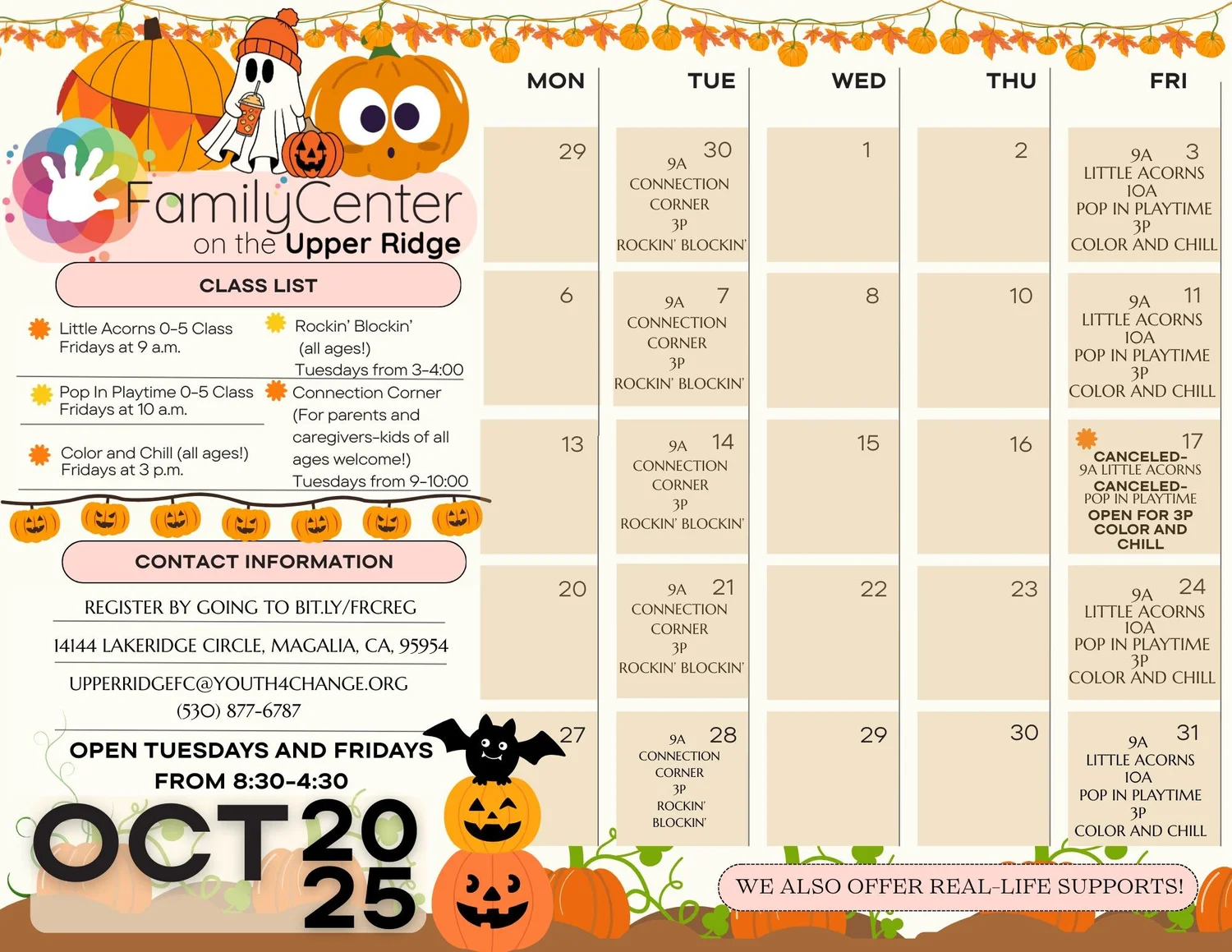 October Class Calendar: Family Center on the Upper Ridge — Youth for Change
