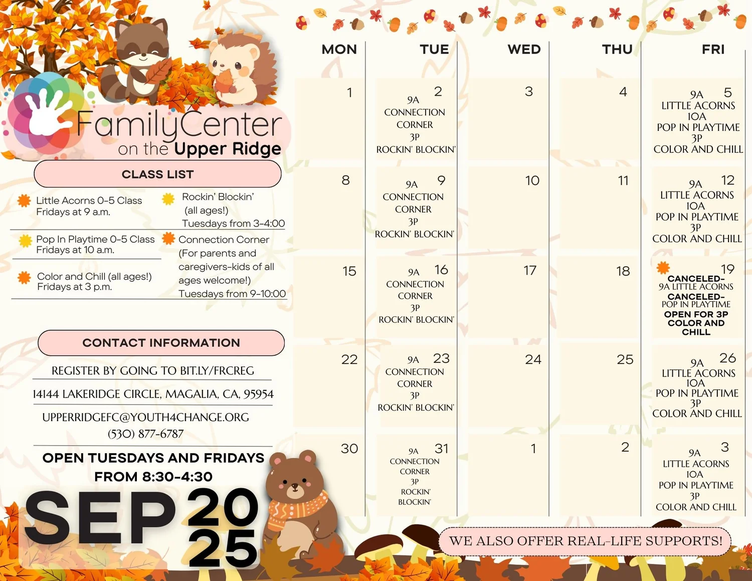 September Class Calendar: Family Center on the Upper Ridge — Youth for ...