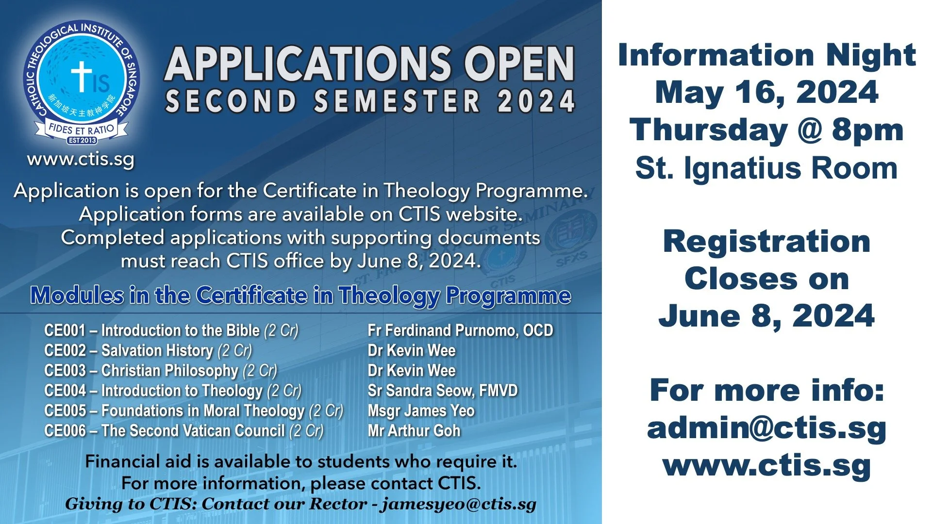 CTIS Upcoming Courses — Church of St Mary of the Angels, Singapore