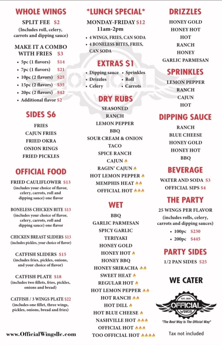 Menu — Official Wings, LLC