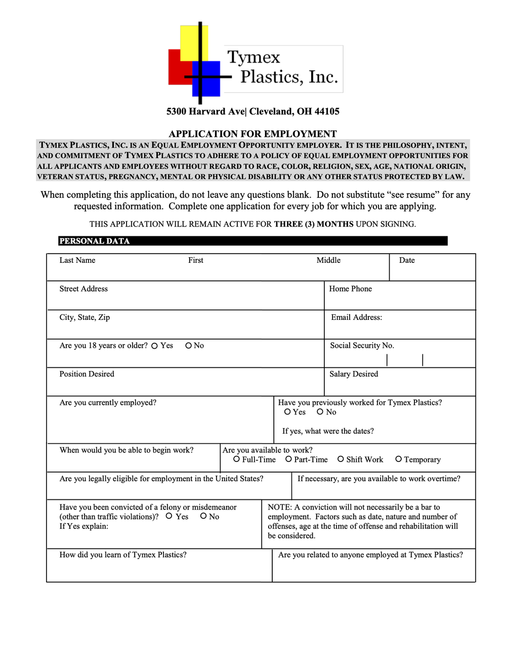 Hiring Page — Tymex Plastics, Inc.