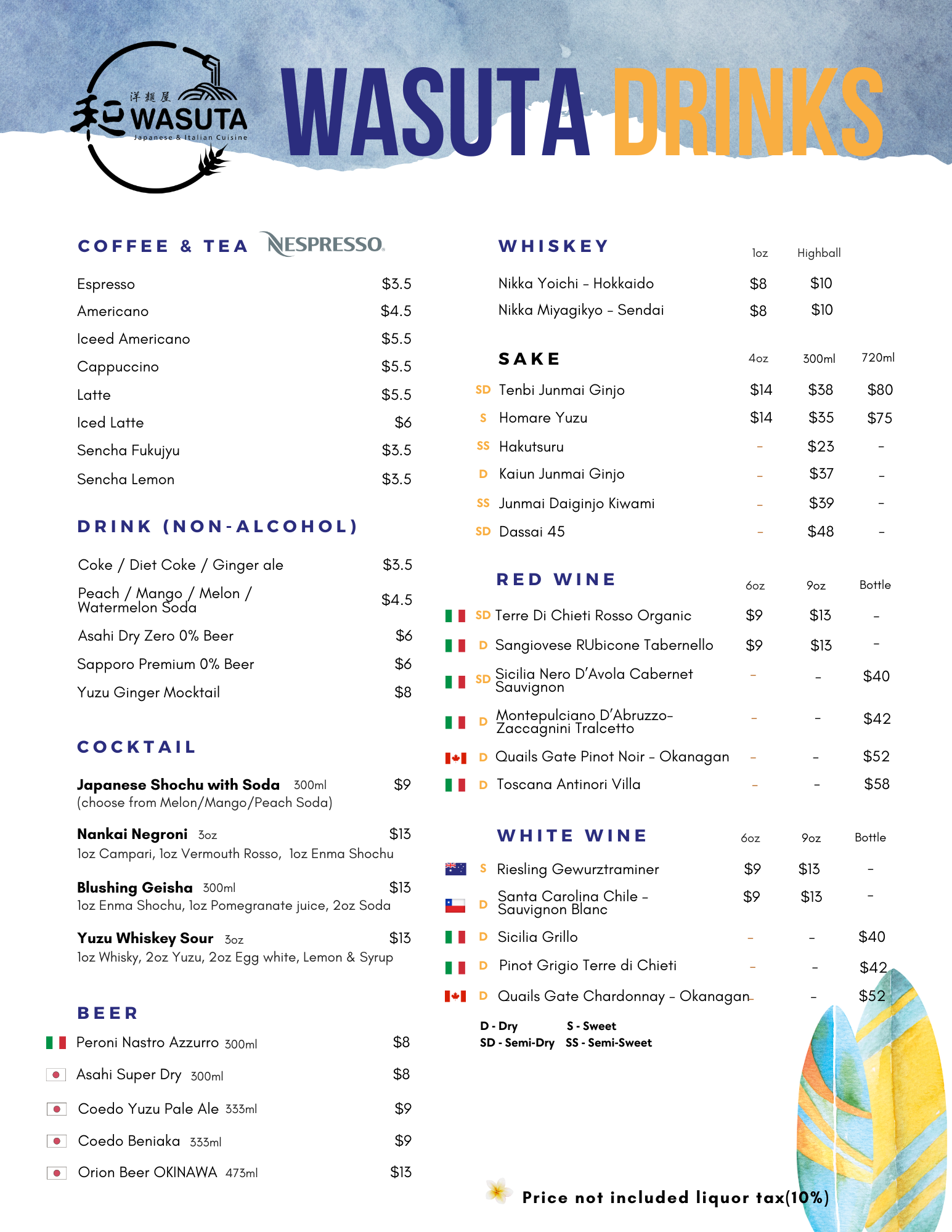 Dinner Menu — Wasuta pasta