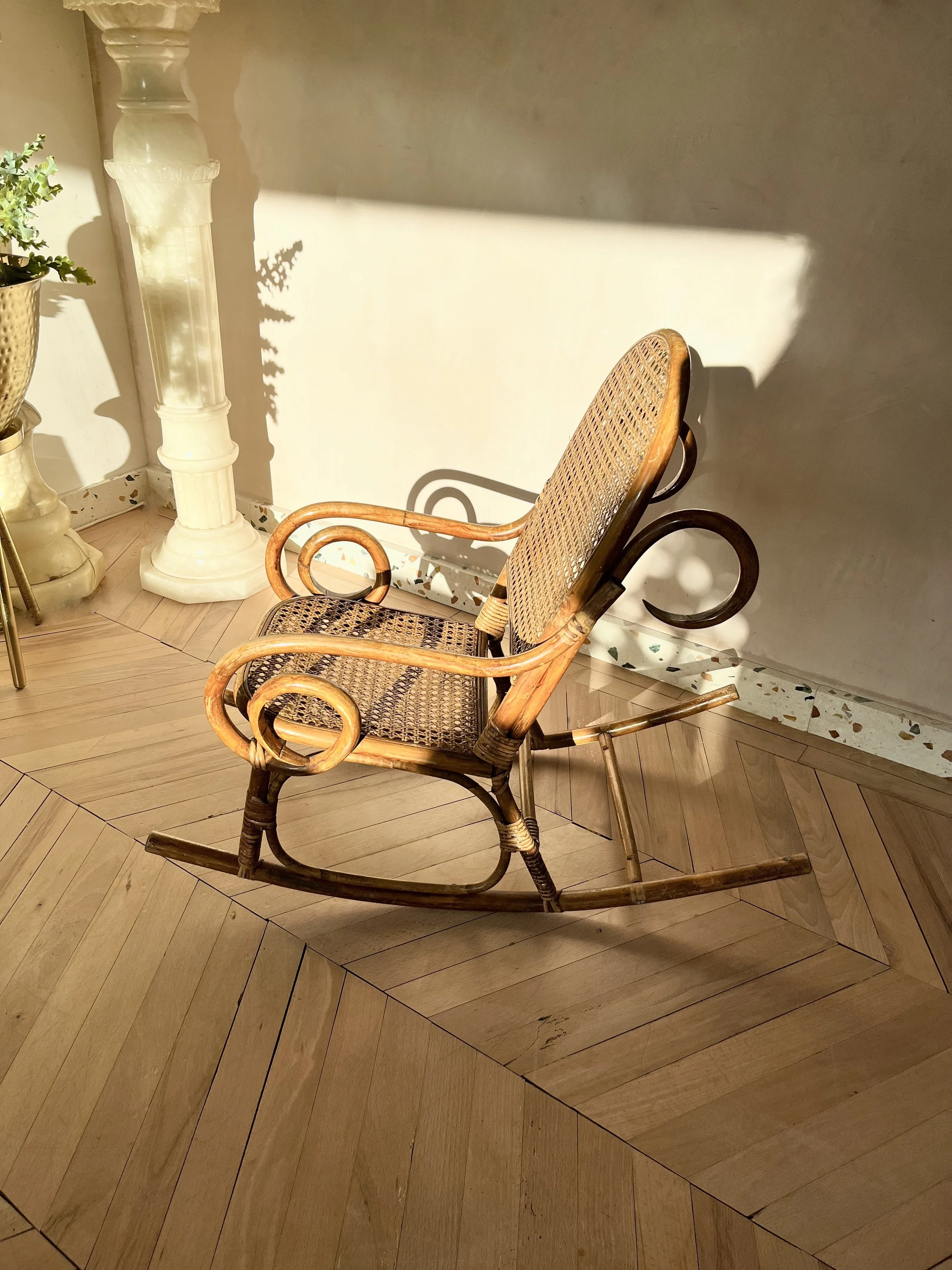 Annämh Living • Mid Century Bamboo & Floral Print Upholstered Rocking Chair