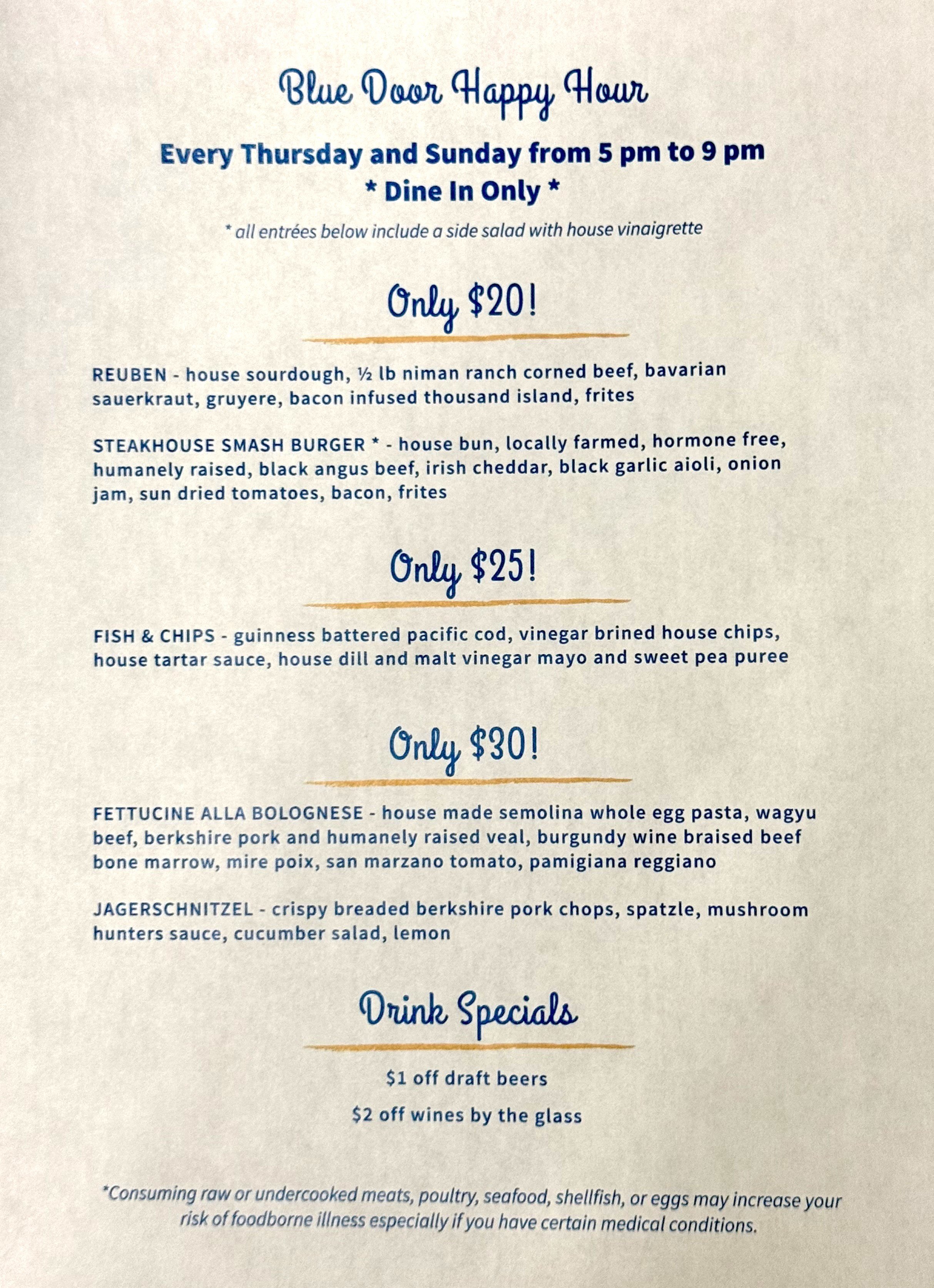 Thursday and Sunday Specials — The Blue Door Cafe & Bakery