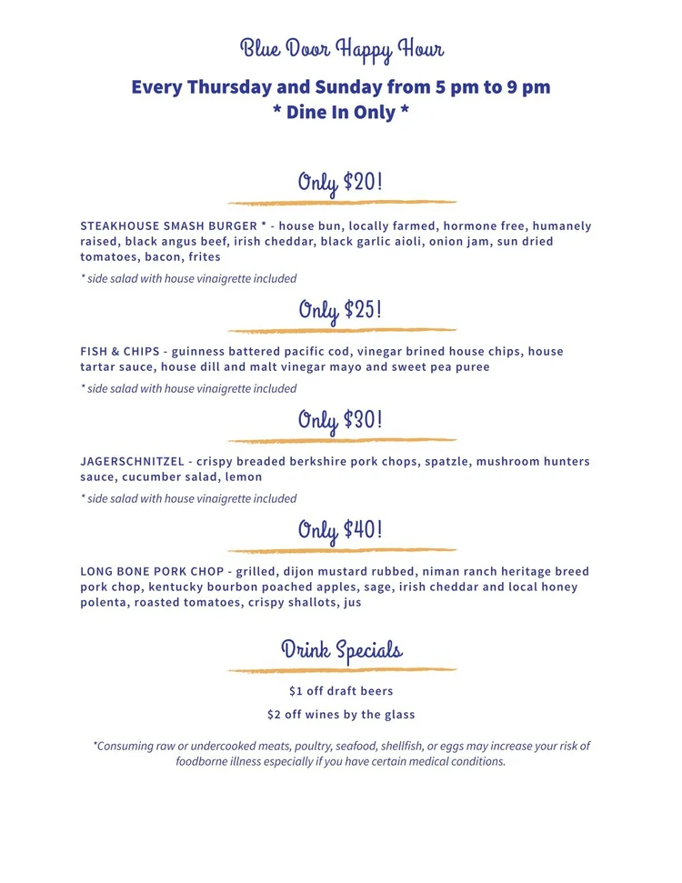 Thurs & Sun Happy Hour — The Blue Door Cafe & Bakery