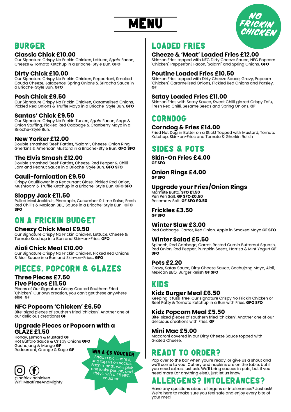 No Frickin Chicken Diner Main Menu