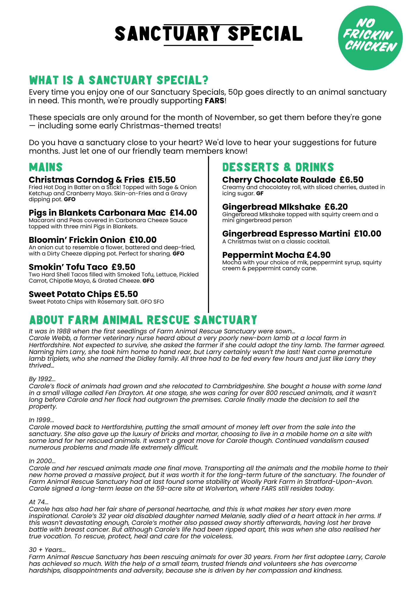 No Frickin Chicken Diner Main Menu