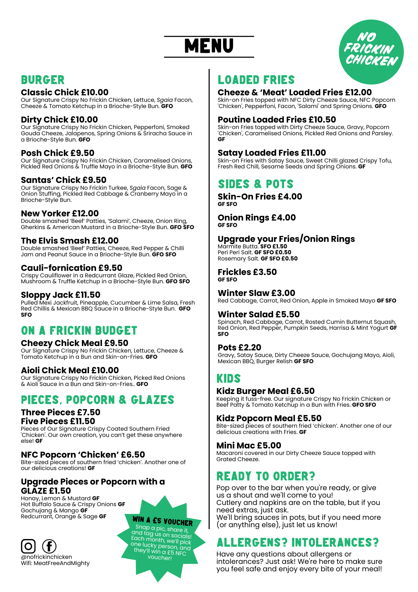 No Frickin Chicken Diner Main Menu