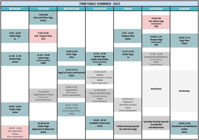 Yoga Class Timetable