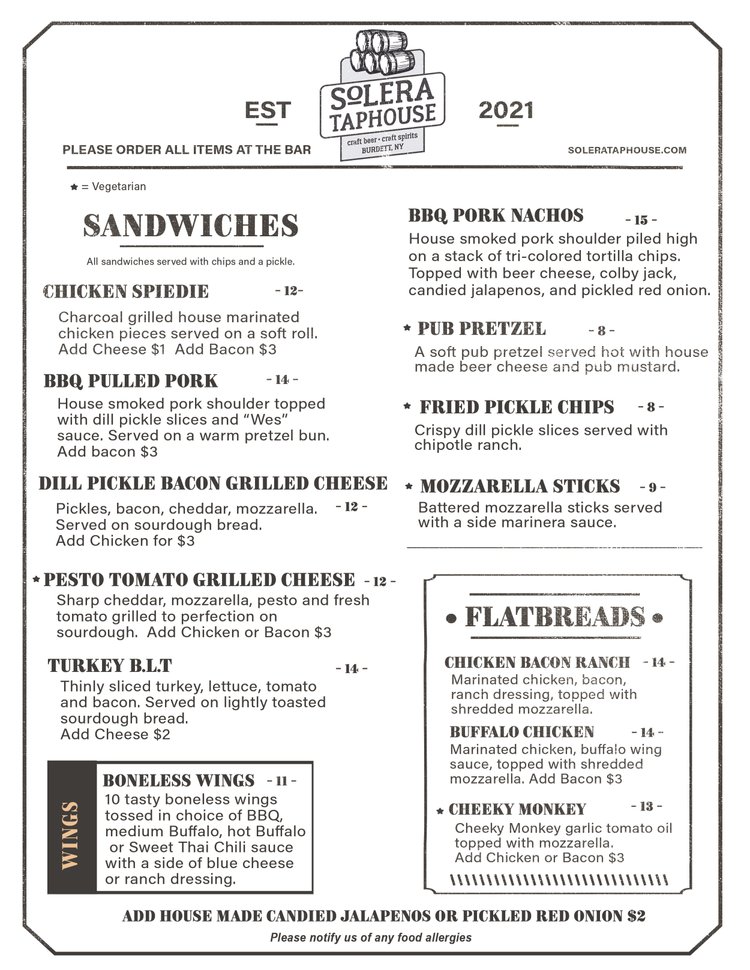 Menu — Solera Tap House