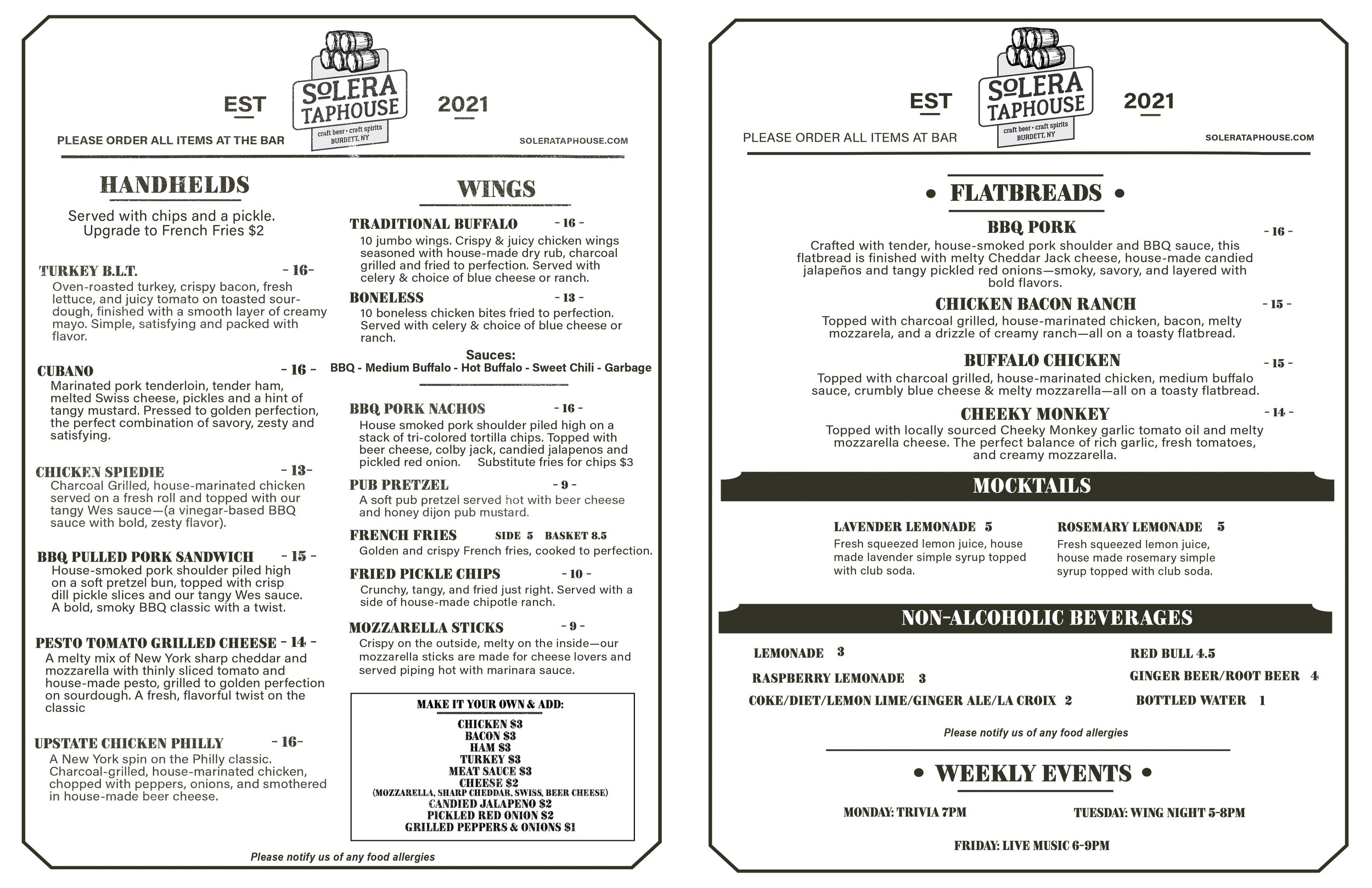 Menu | Explore Our Menu Today — Solera Tap House