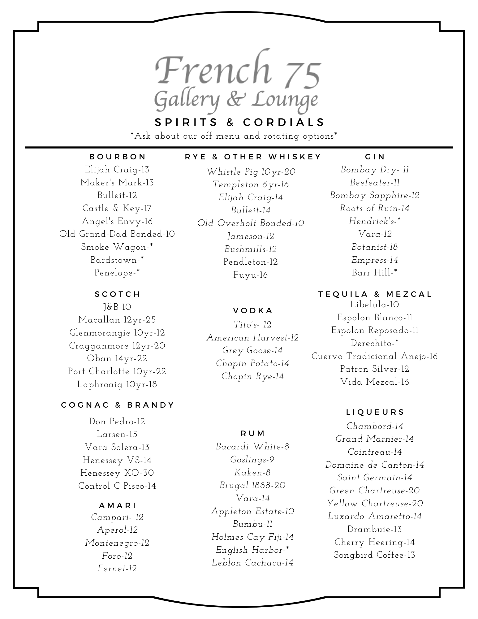 Menu — French 75 Gallery & Lounge