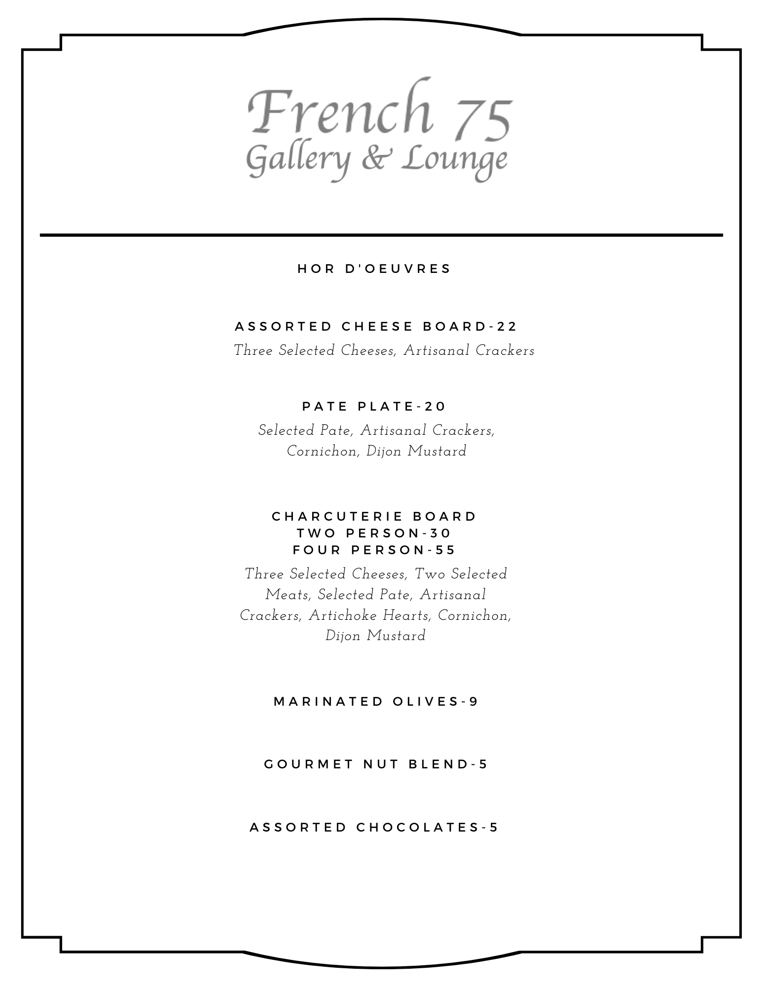 Menu — French 75 Gallery & Lounge