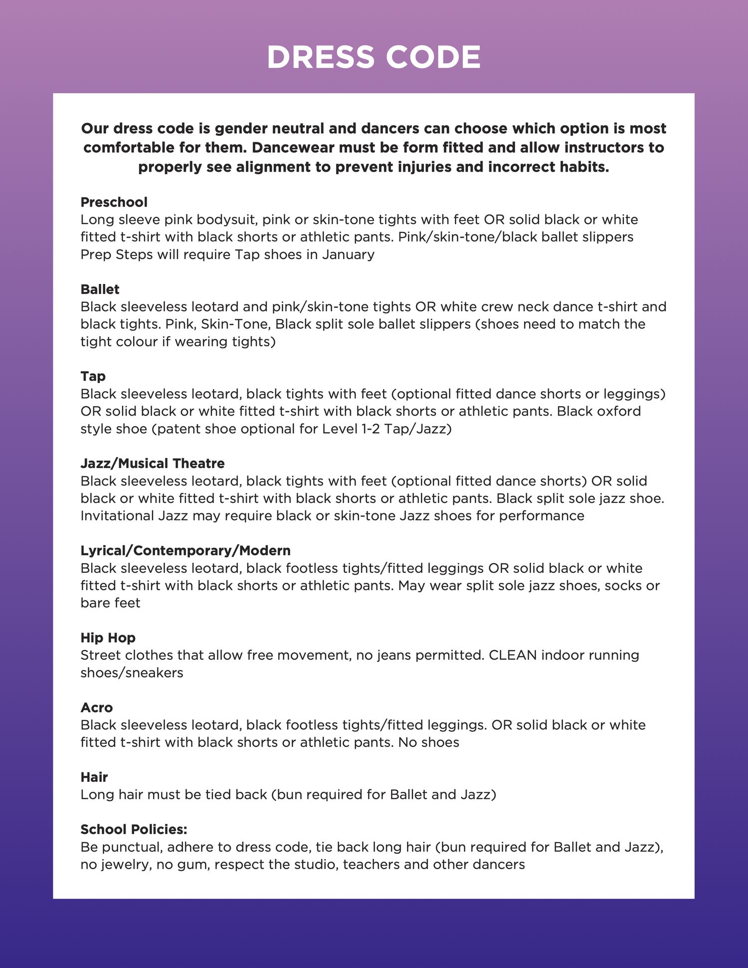Dress Code — Shelley Shearer School of Dance