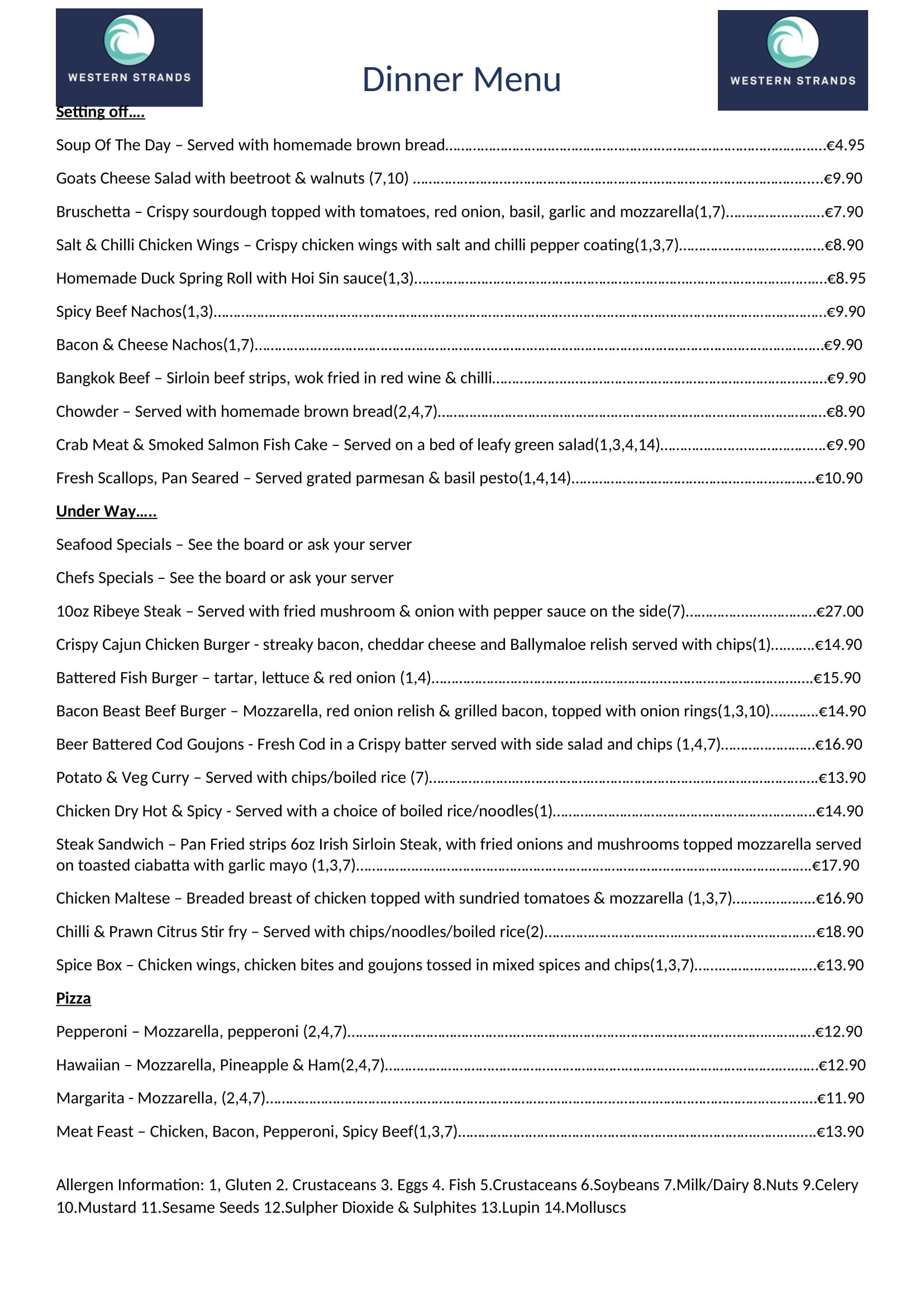Restaurant & Bar Menus — The Western Strands