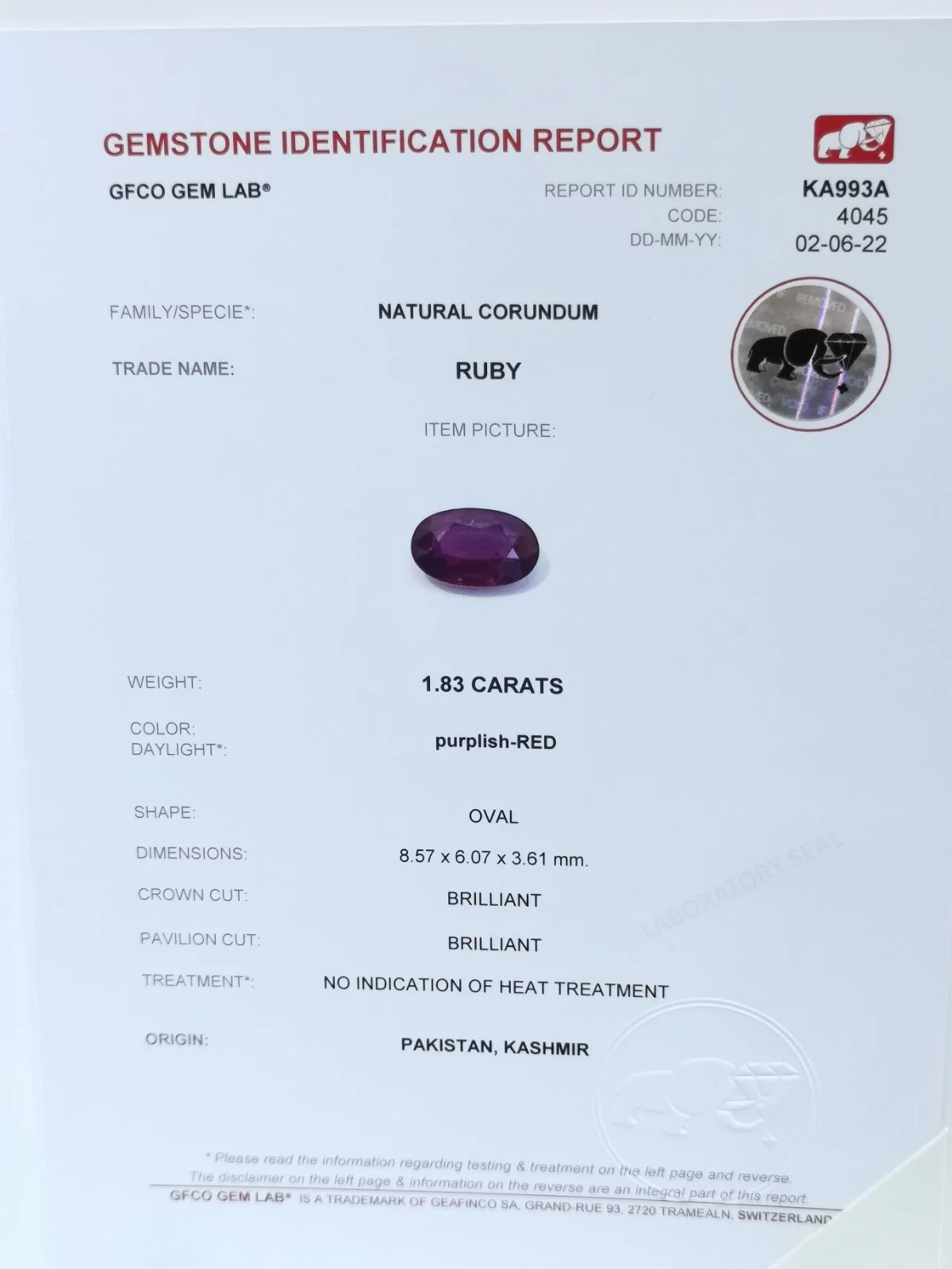 Oval Purplish-red Kashmir Ruby 1.83ct — Gemlore PH by Safir Gems