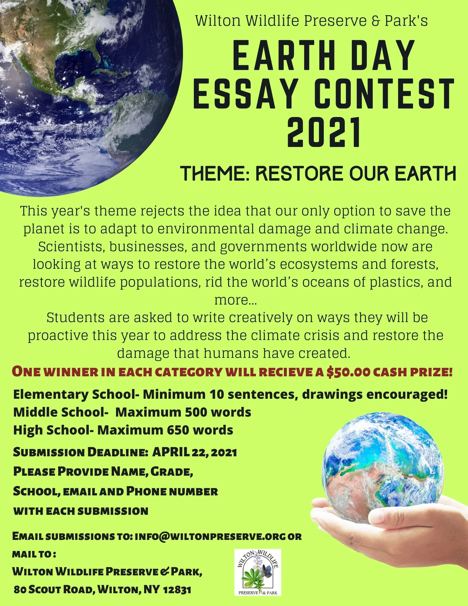 Earth Day Essay Contest Entries Sought — Wilton Wildlife Preserve & Park