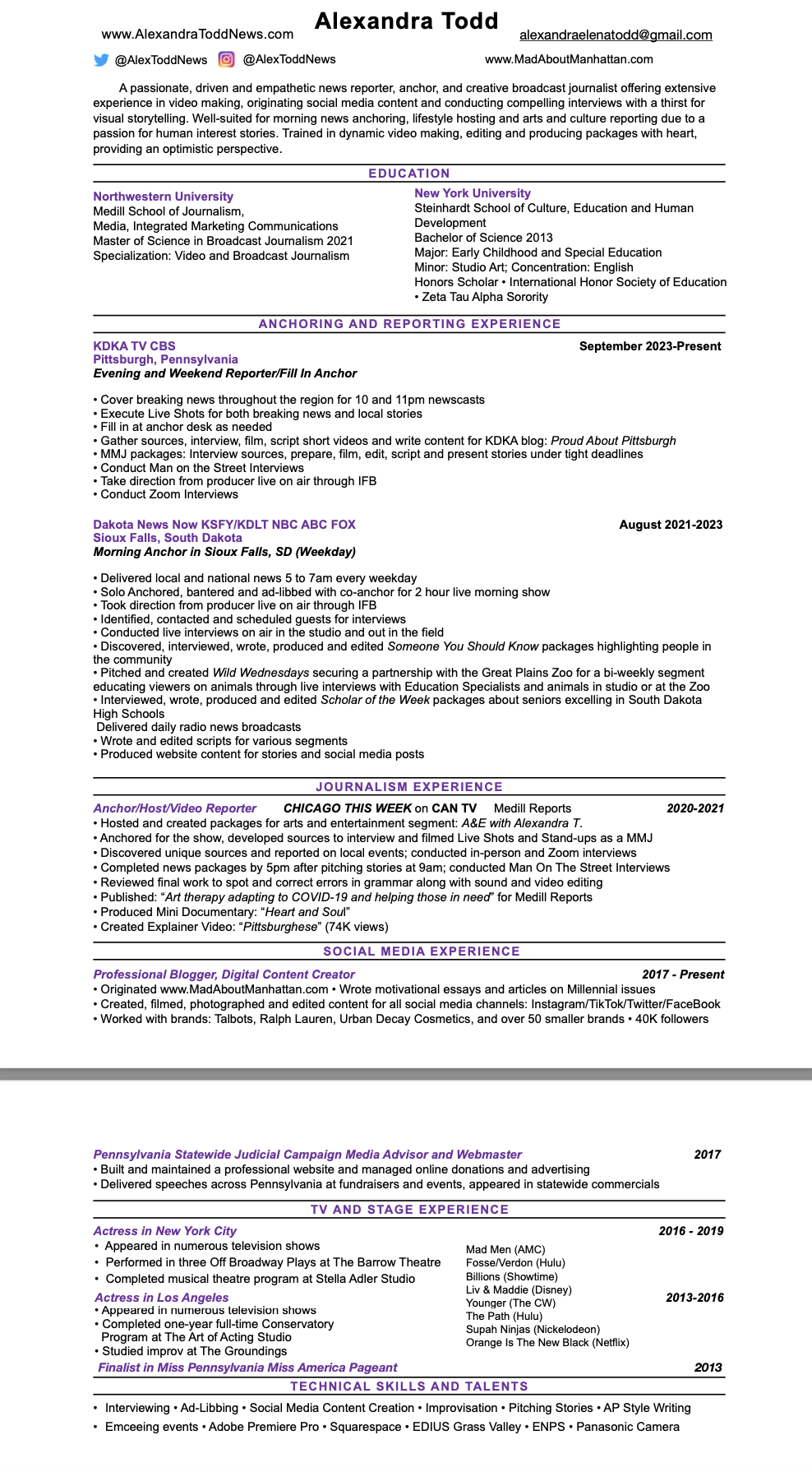 Medill Northwestern University Resume — Alexandra Todd