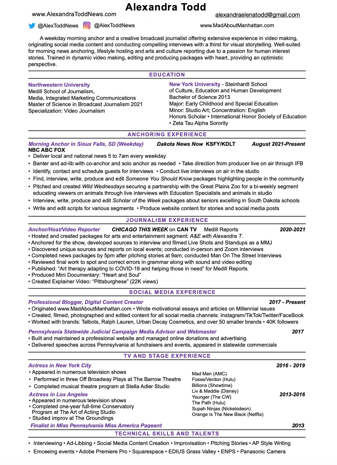 Medill Northwestern University Resume — Alexandra Todd