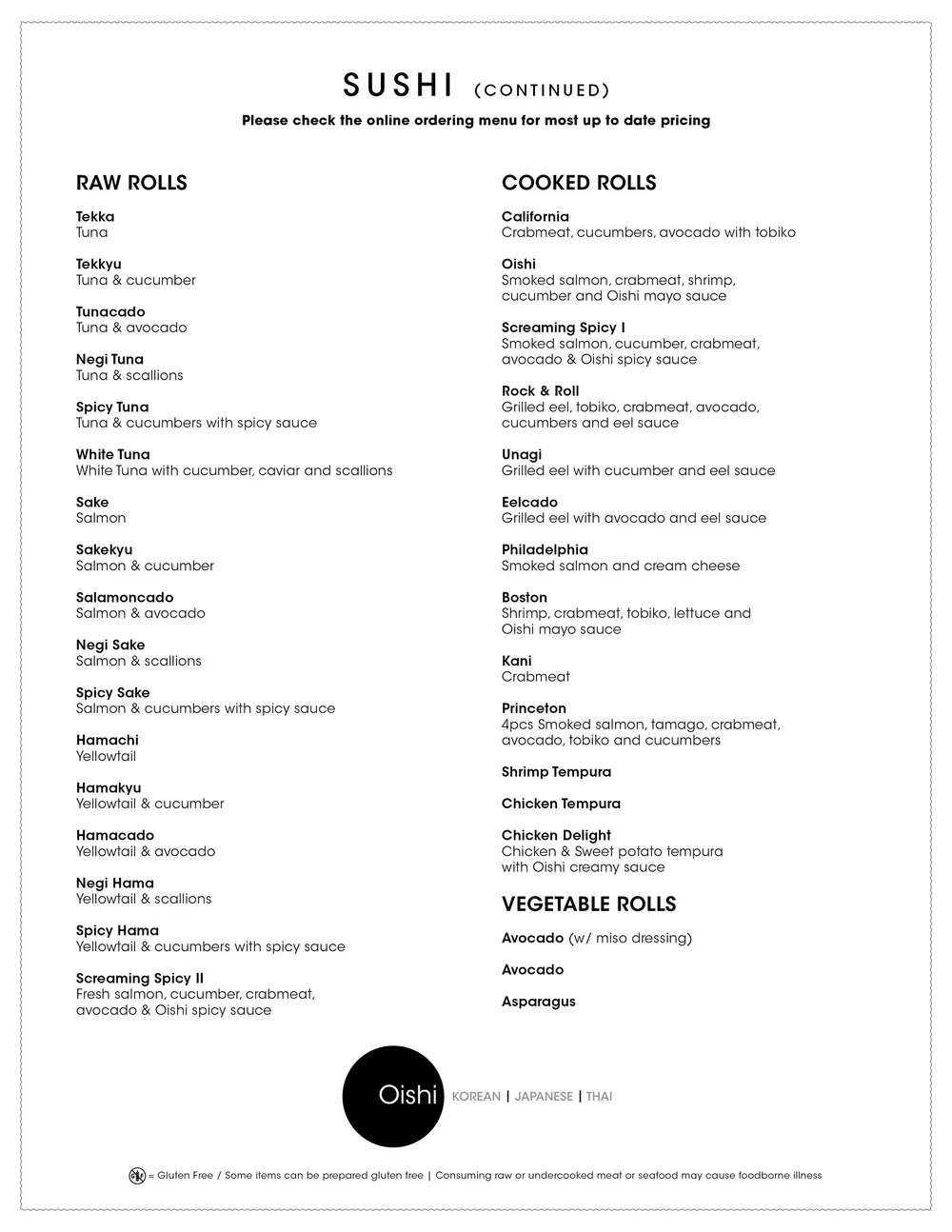 Menu — OISHI RESTAURANT