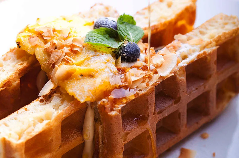 BELGIAN: Coconut waffles, coconut cream, fresh mango, blueberries ...
