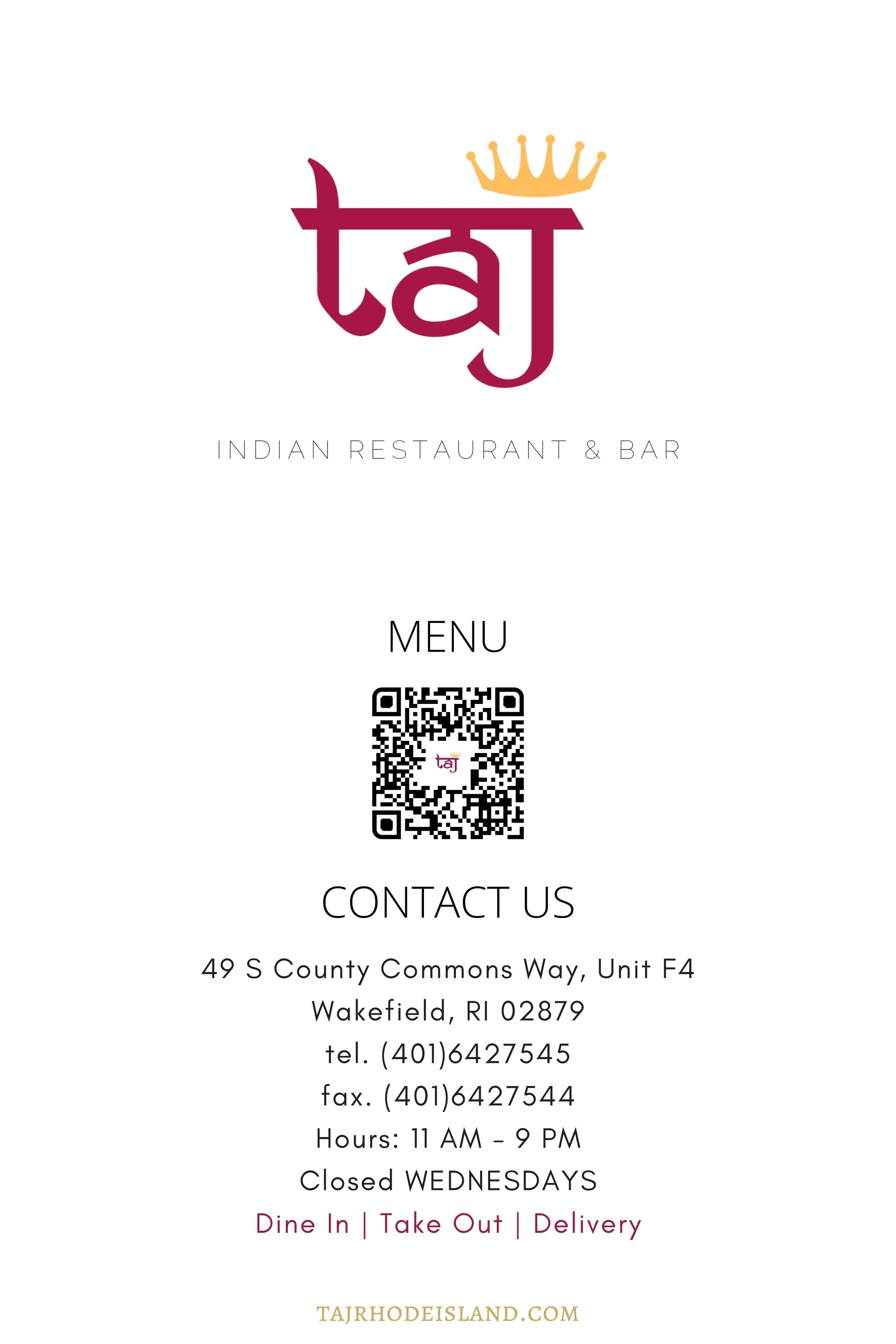 Menu — TAJ Rhode Island