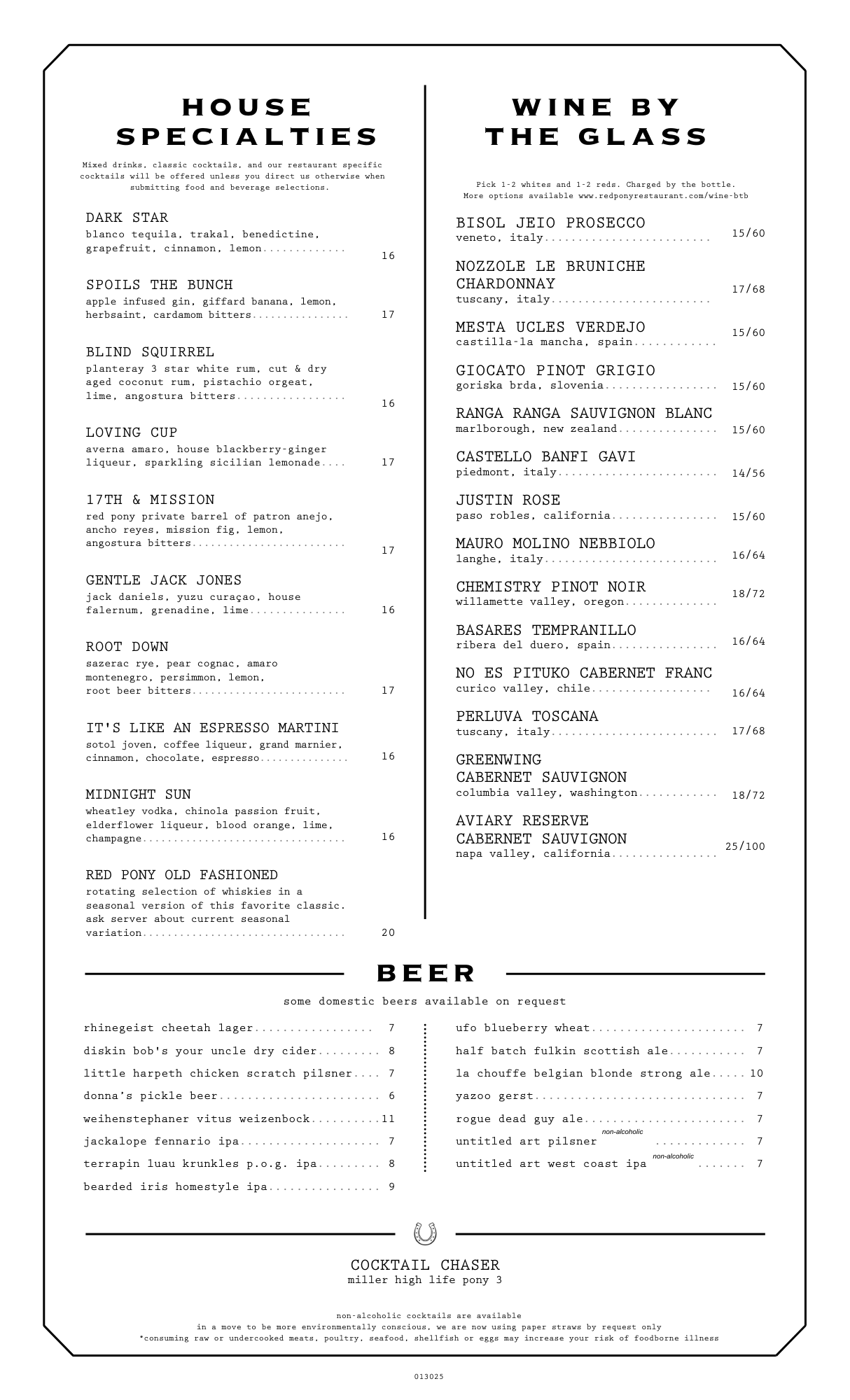 Large Party Menu — Red Pony