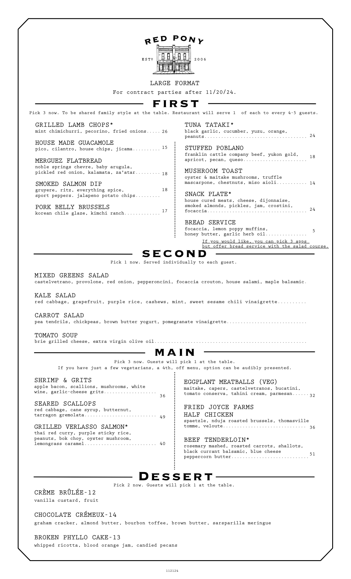 Large Party Menu — Red Pony